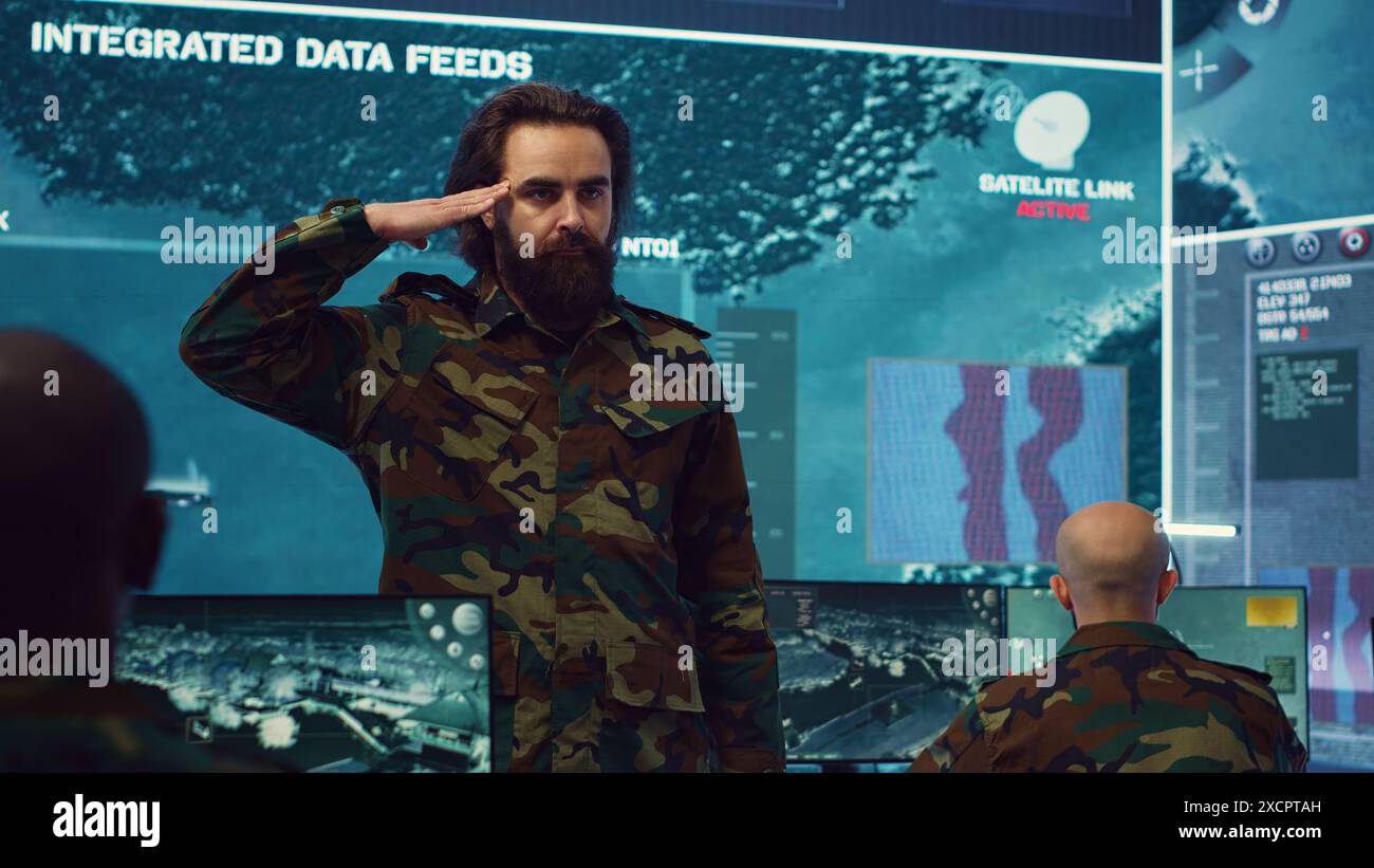 Lieutenant showing the solemn salute symbol in front of the major ...