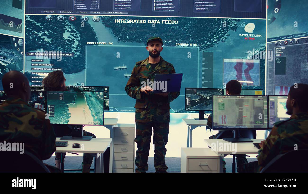 Special operations soldier allocating resources to different units ...