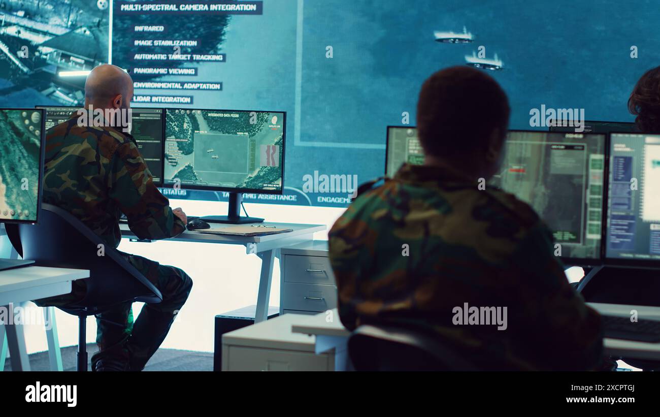 Group of soldiers managing air and sea traffic control for military operations success, working ...