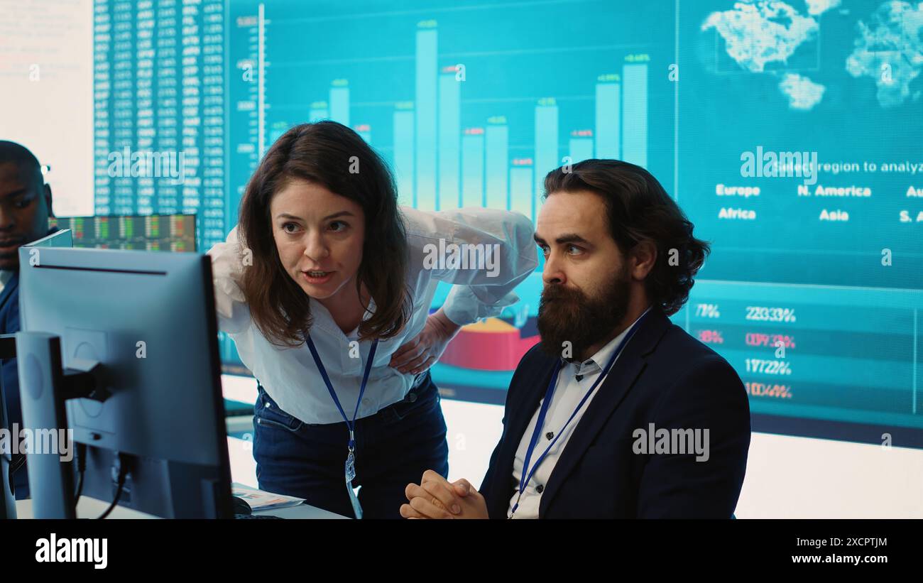 Irritated angry team leader screaming at her coworker after he failed ...