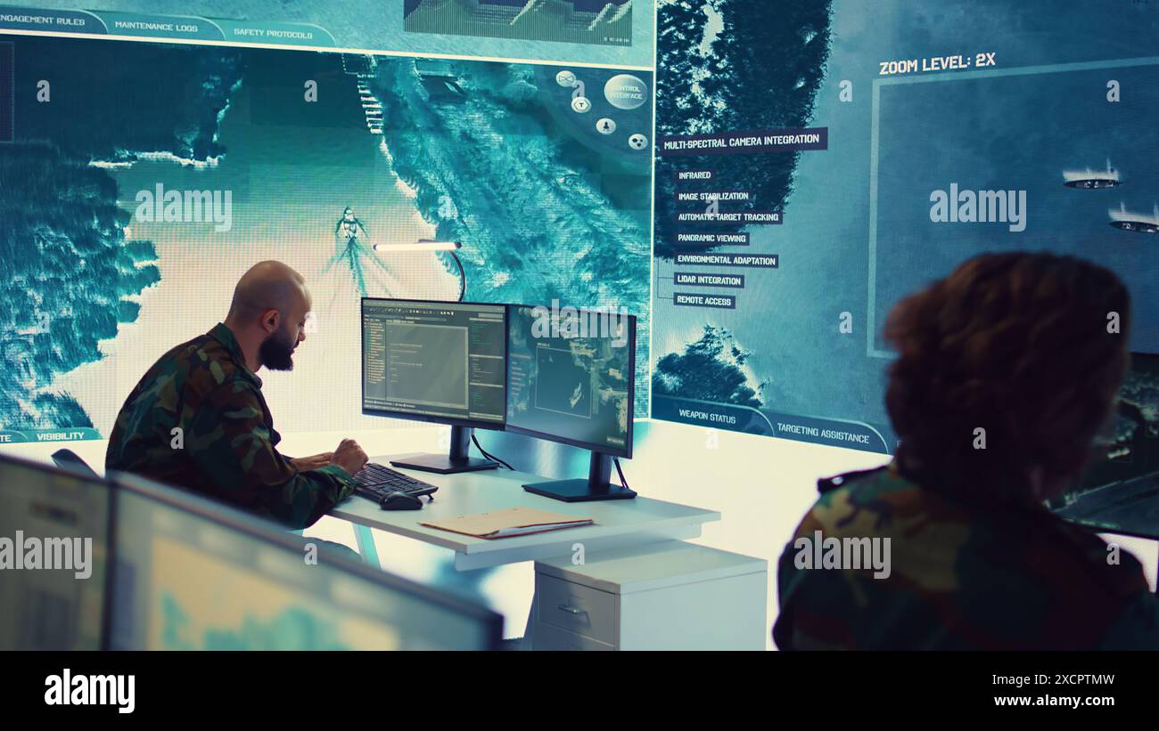 Woman Army Officer Coordinating Special Operations Mission In Command Post Monitoring