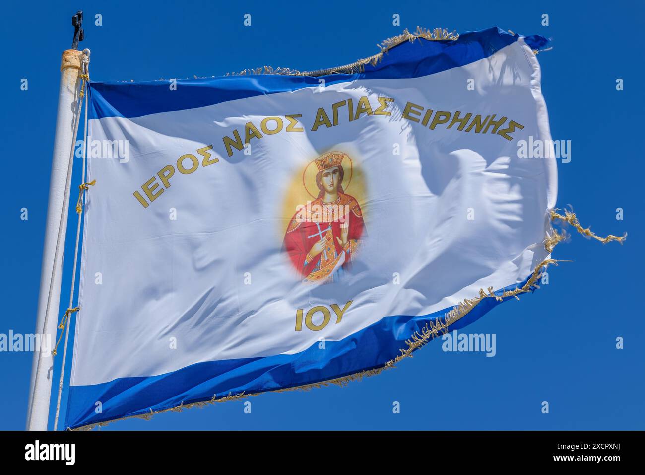 View of the flag of the holy temple Saint Irene in Ios Greece Stock ...