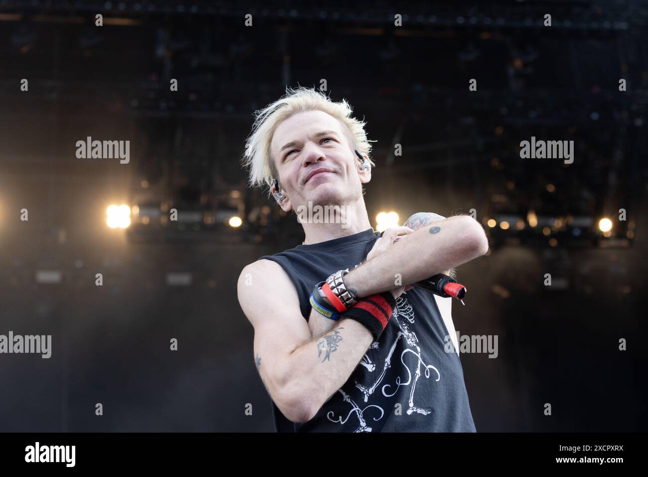 Leicestershire, UK. Sunday June 16, 2024. Deryck Whibley of Sum 41 ...