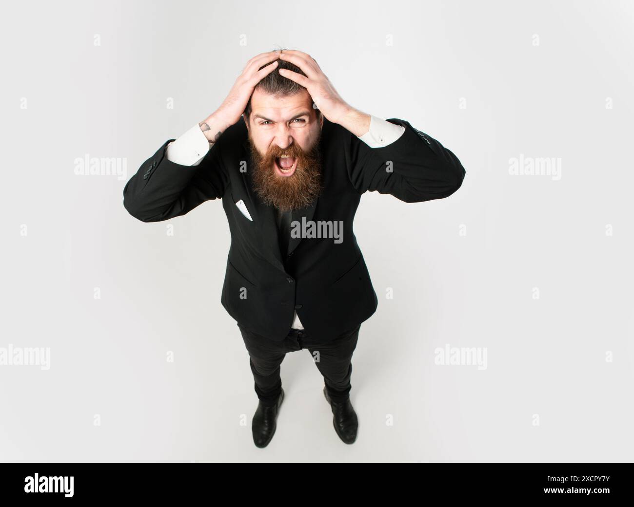 Business management. Scared shocked with surprised face, scared and ...