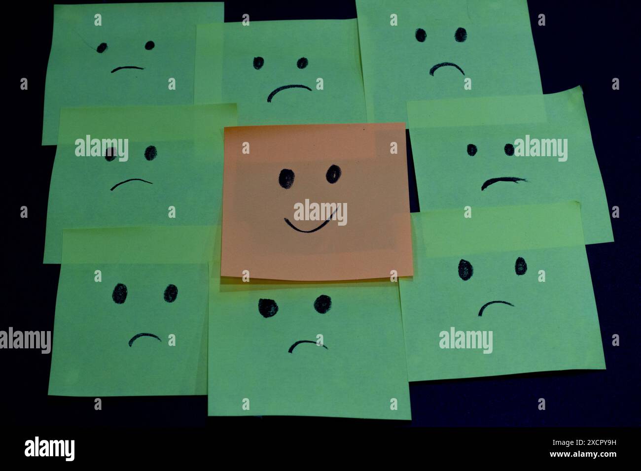 One smiley face amongst all the sad faces drawn on sticky notes Stock ...
