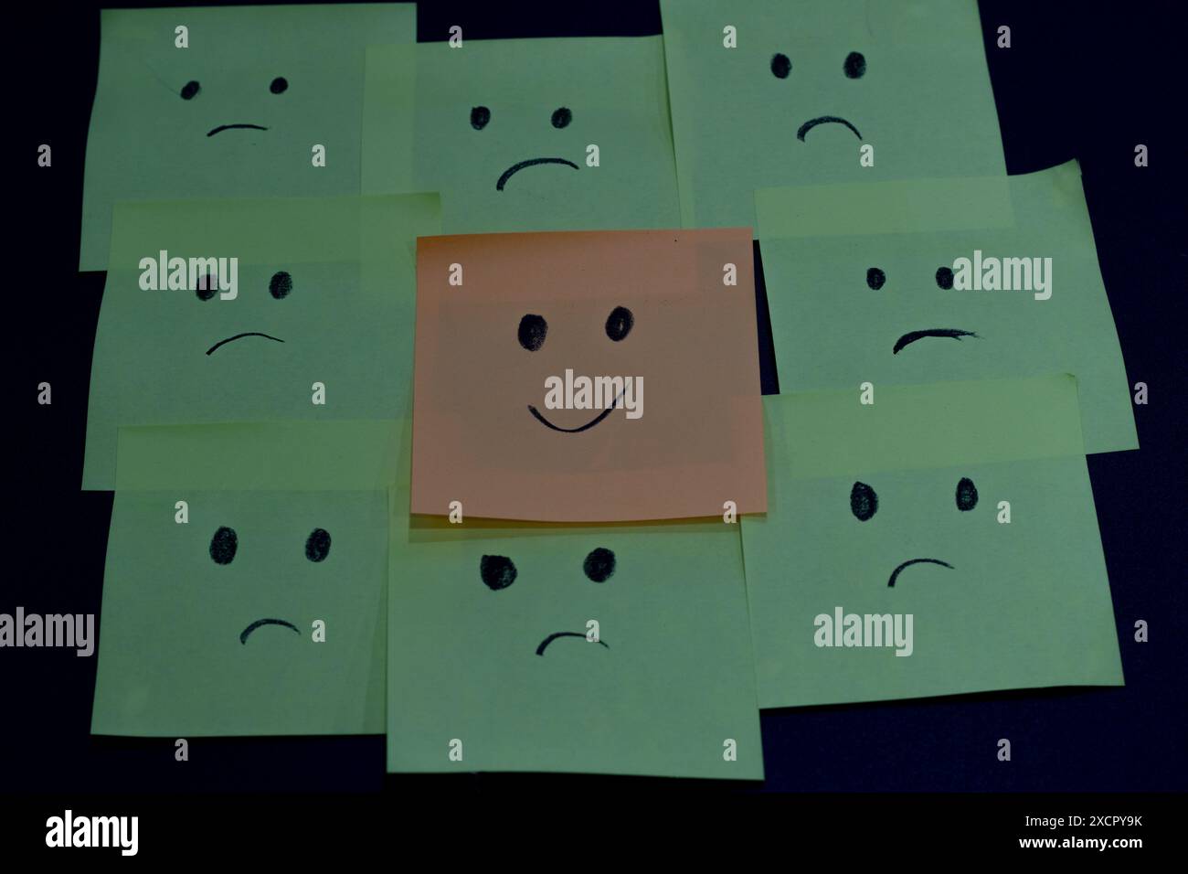 One smiley face amongst all the sad faces drawn on sticky notes Stock ...