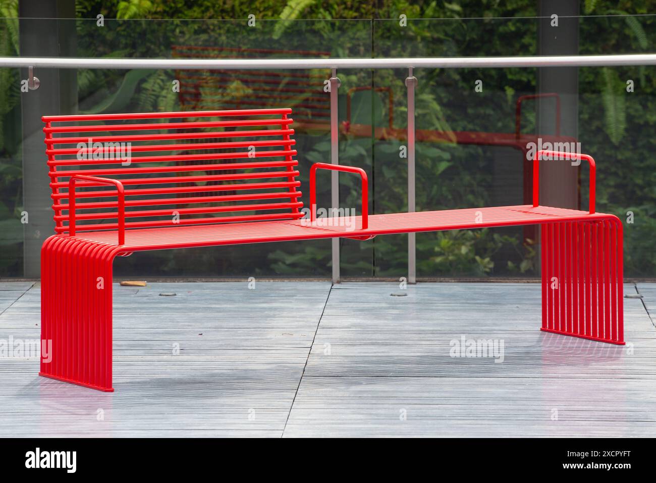 Eye catching red colour long bench furniture with a back support design ...