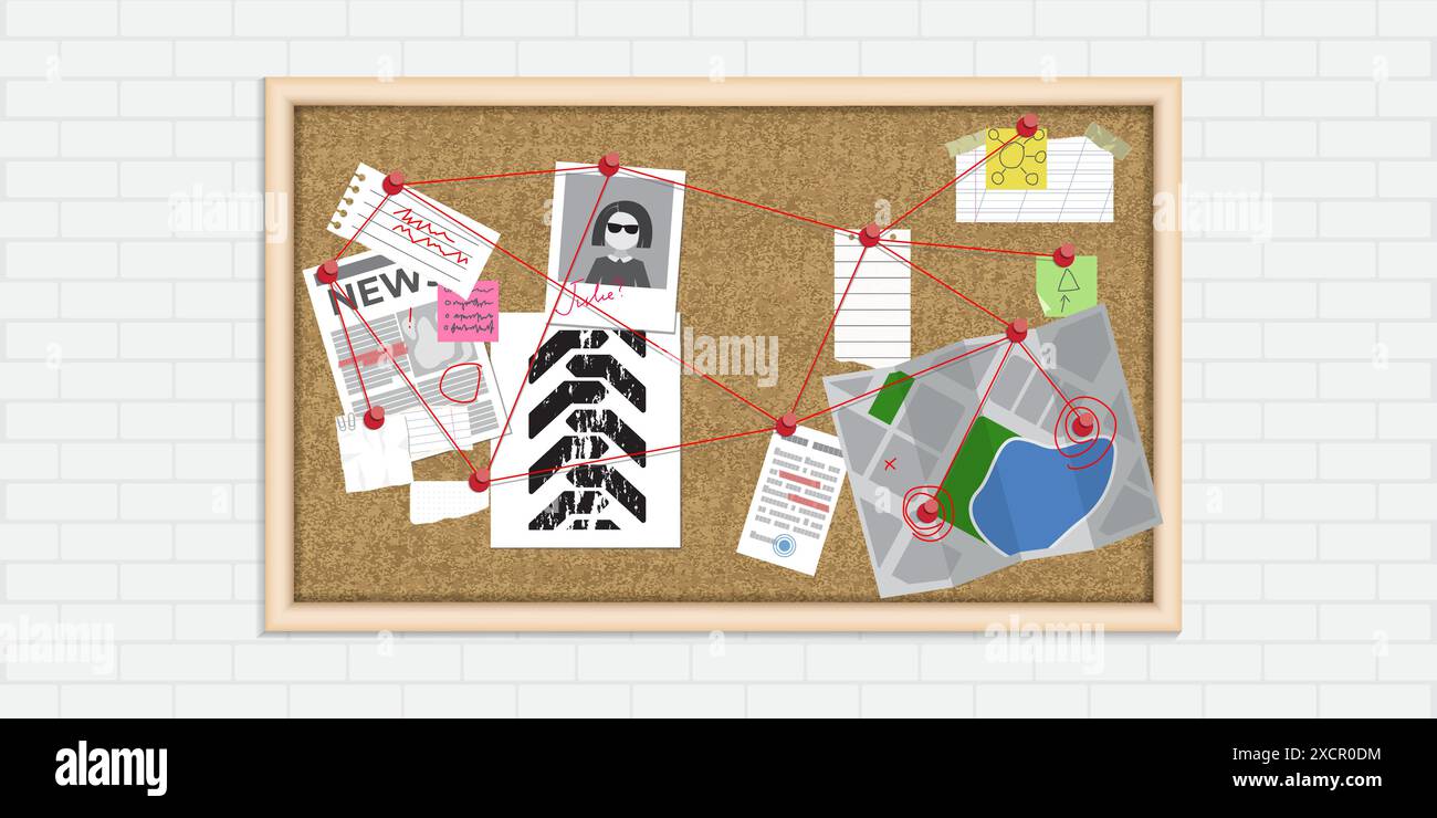 Cork board. Investigation cork board with maps, photos, paper scraps ...