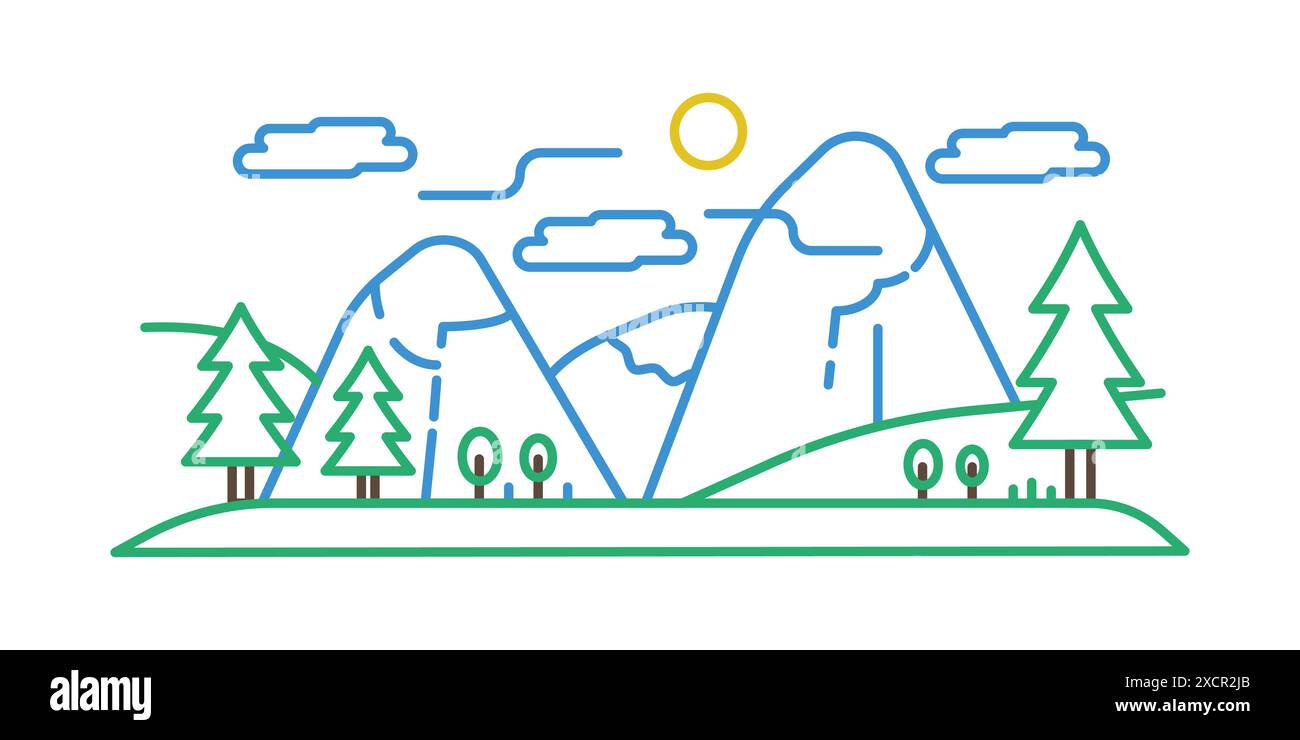 Simple mountain landscape under sky with sun and clouds, line icon ...