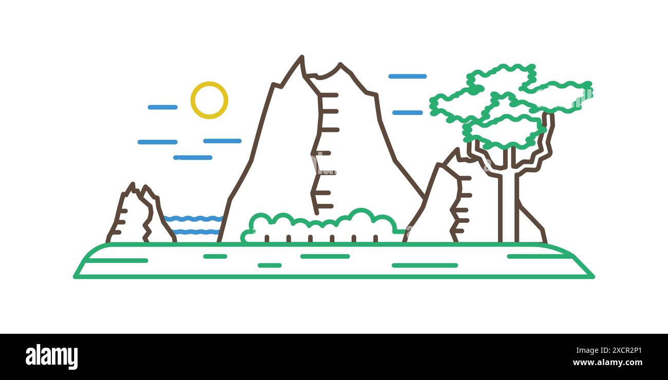 Simple mountain landscape and sea waves on horizon, line icon vector ...