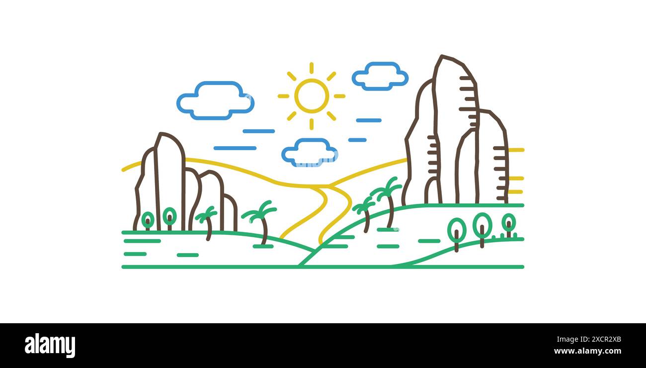 Exotic landscape with mountains and palm trees, desert on horizon, line ...