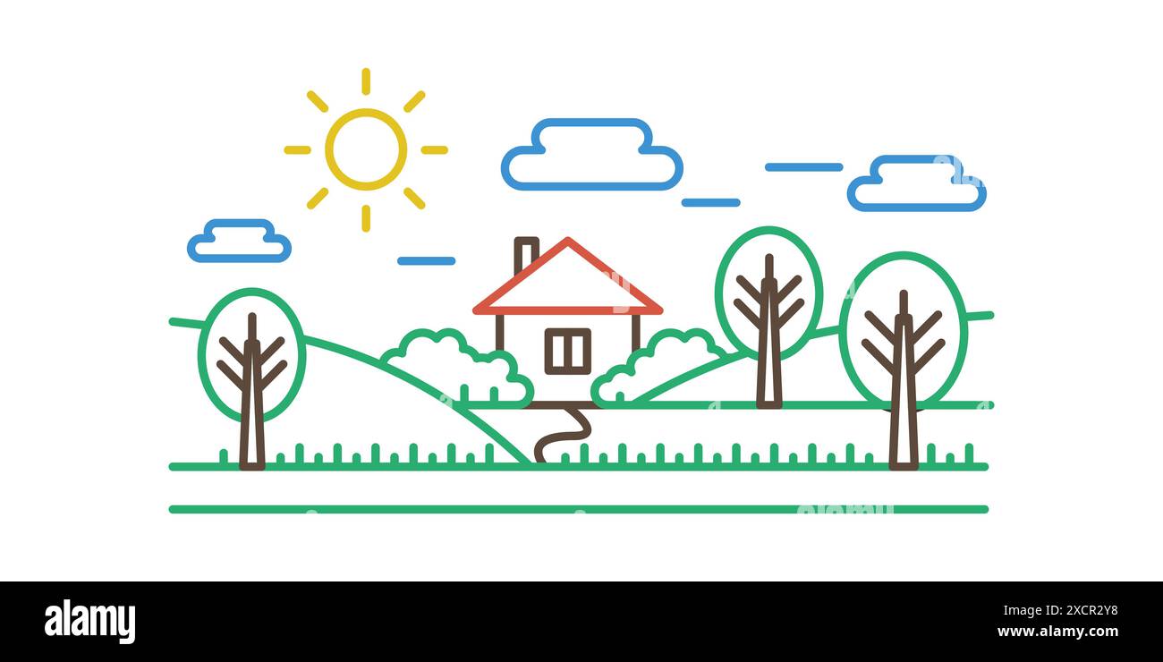 Minimalistic landscape with house among fields and green hills, line ...