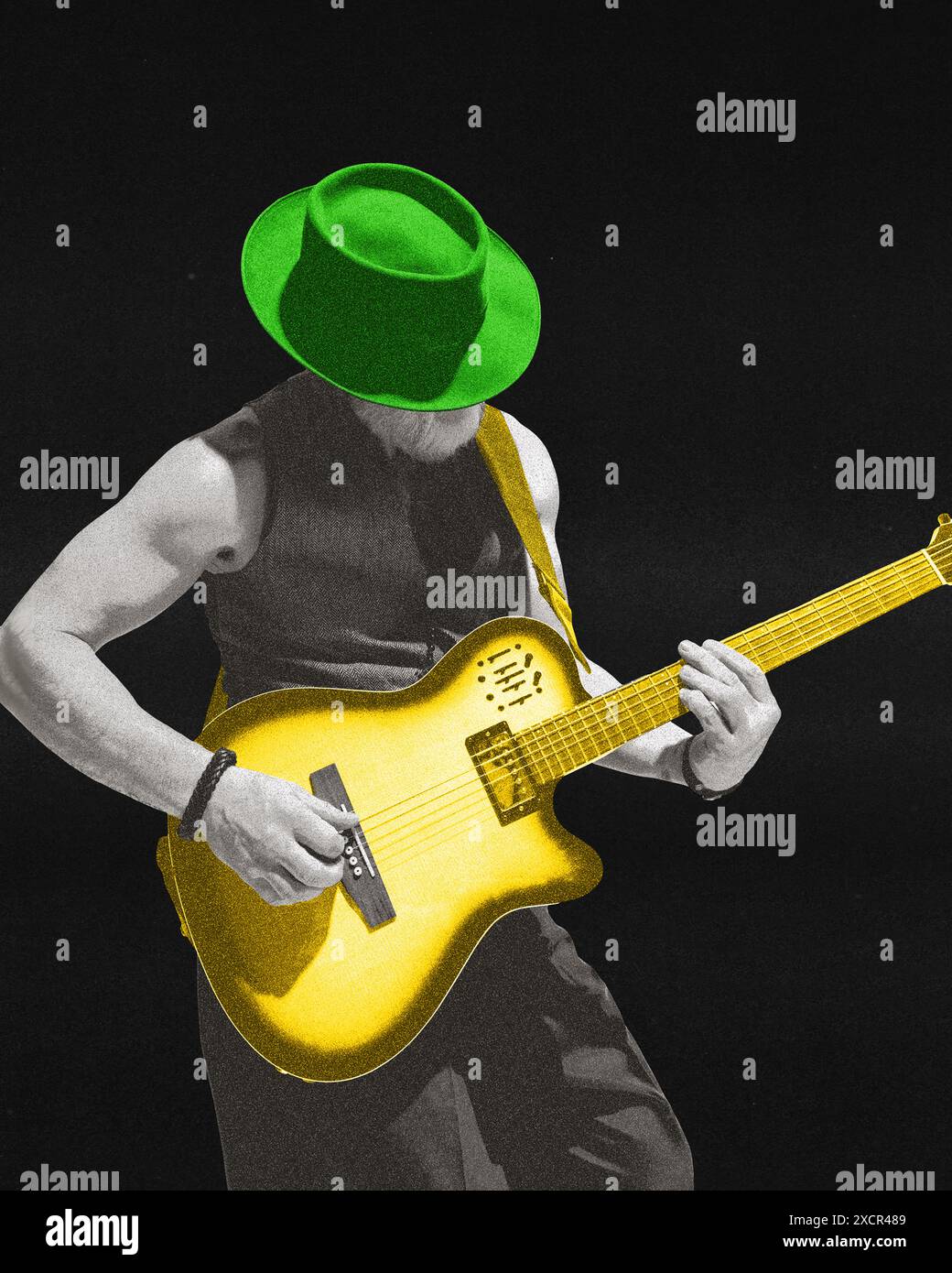 Contemporary art collage. Poster for art events. Guitarist with green ...