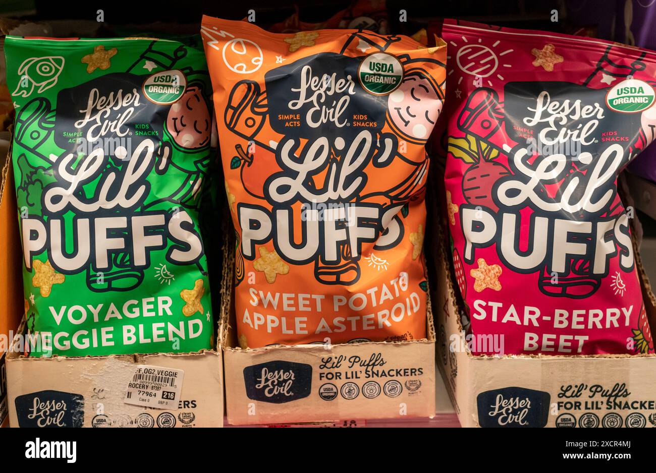 Packages of Lesser Evil brand vegetable puffs in the childrenÕs foods ...