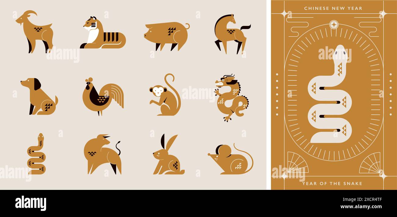 Golden Chinese horoscope zodiac collection, geometric minimalist style ...
