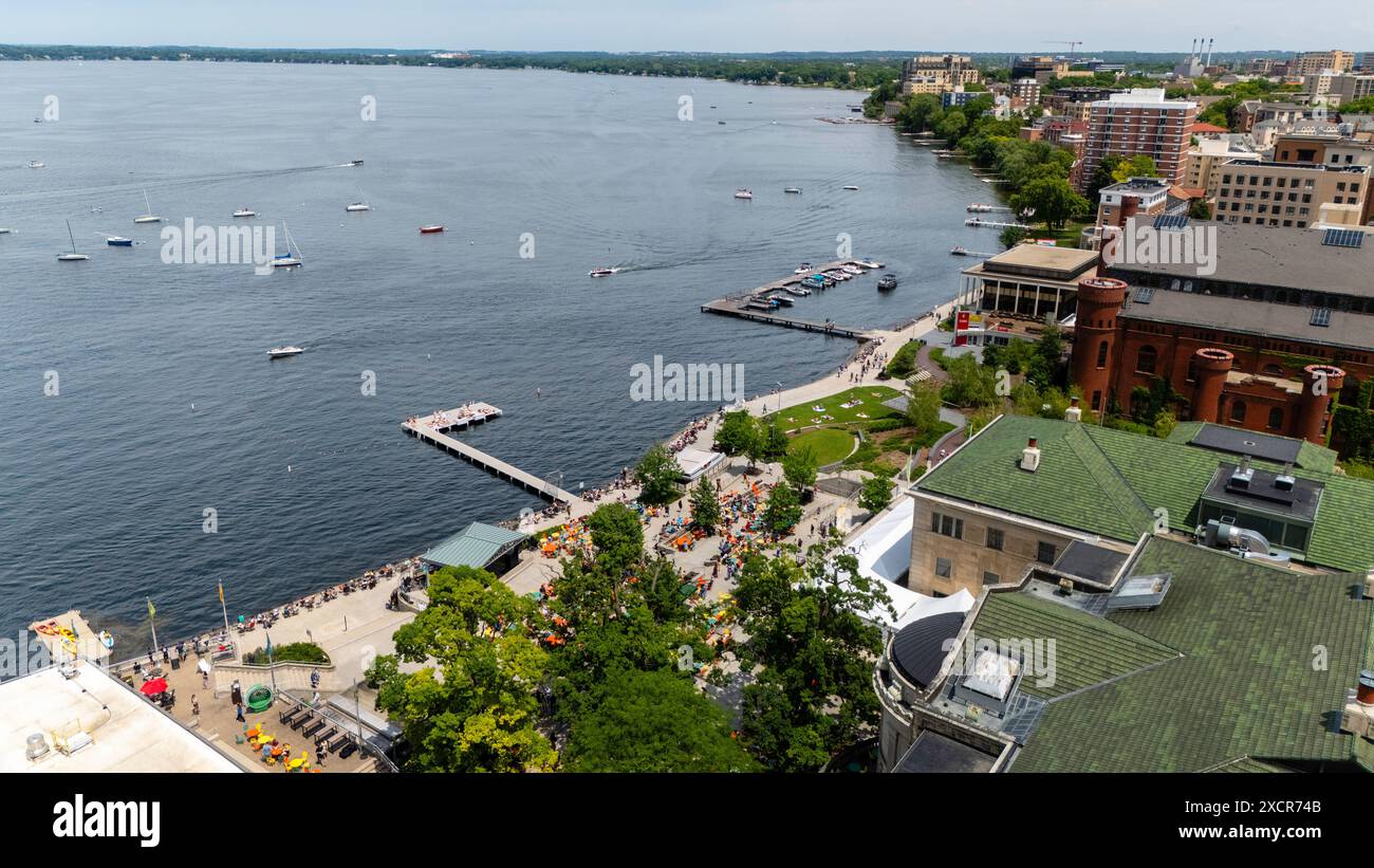Aerial photograph of the Wisconin Memorial Union and the famous Union Terrace on the campus of ...