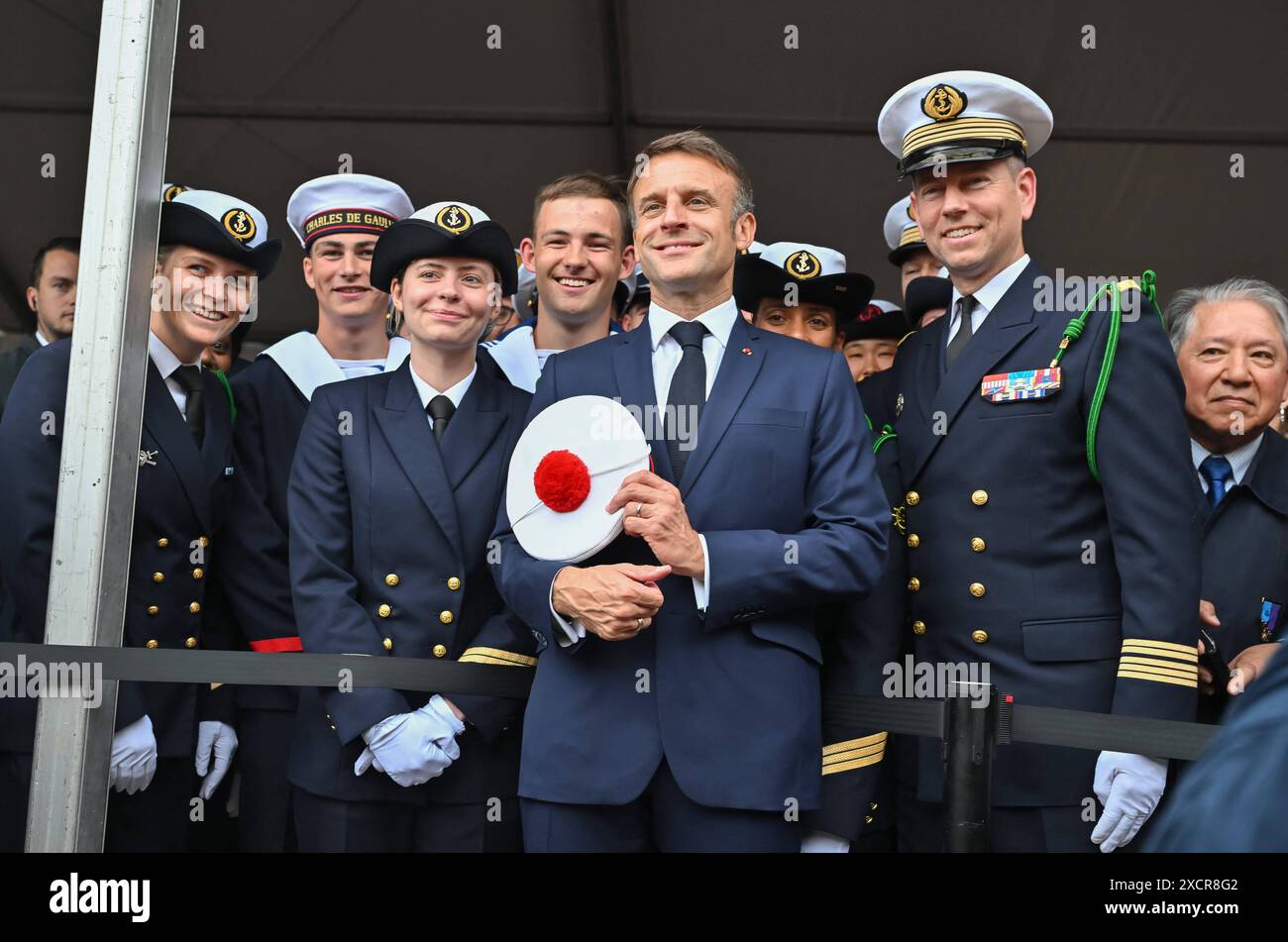 French President Emmanuel Macron and during a ceremony marking the 84th ...