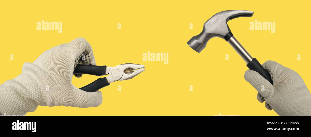 Set manual technical instruments in craftsman's hand, pliers, hammer ...