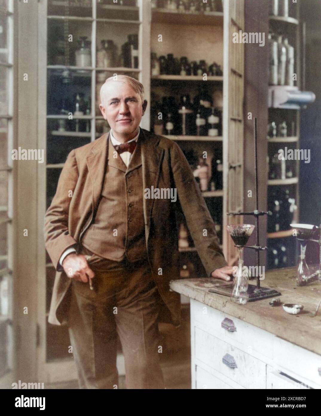 Edison in laboratory, circa 1904. Thomas Edison (1847 - 1931) was a ...