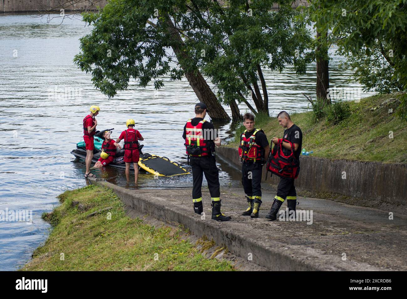 Water rescuers wait for orders during water rescue exercises in Warsaw ...