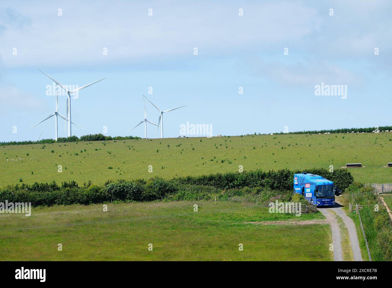 The Conservative Party battle bus arrives at a farm in Devon, while on ...