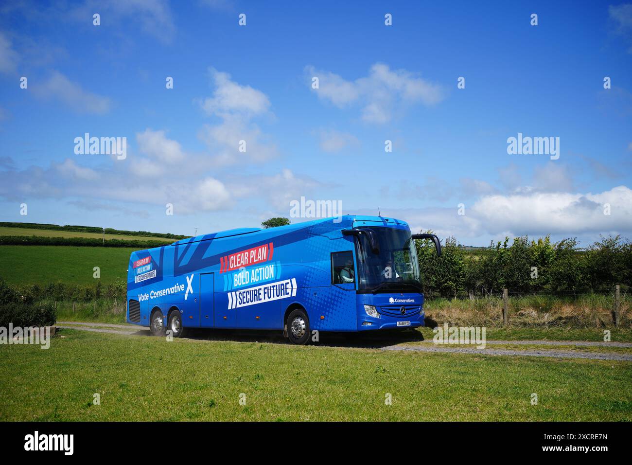 The Conservative Party battle bus arrives at a farm in Devon, while on ...