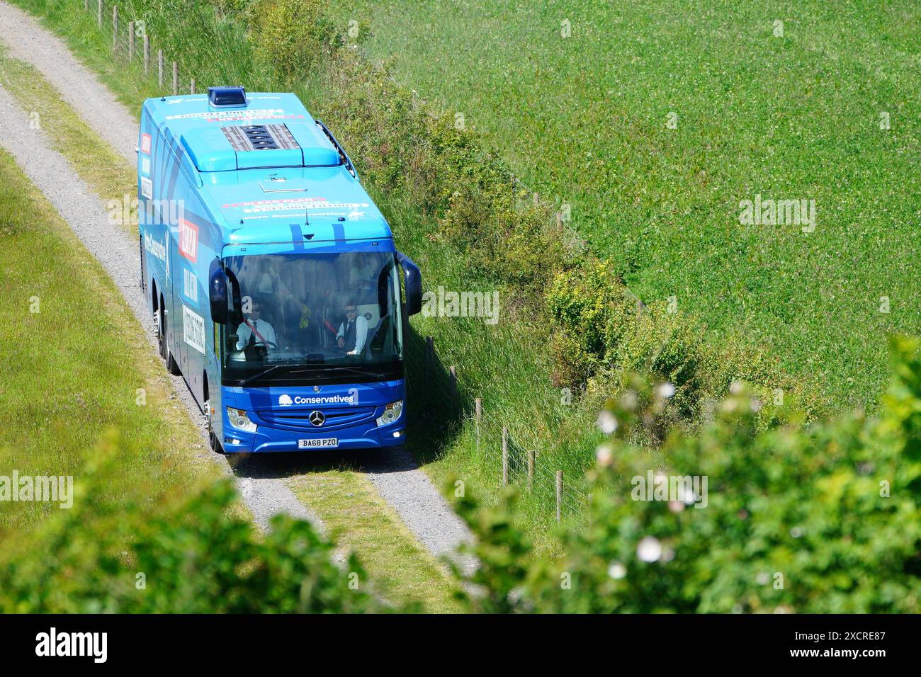The Conservative Party battle bus arrives at a farm in Devon, while on ...