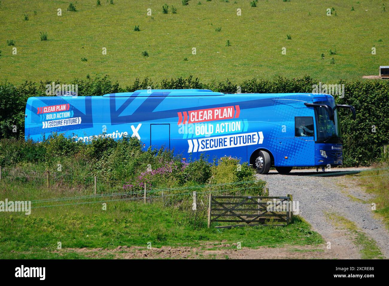 The Conservative Party battle bus arrives at a farm in Devon, while on ...