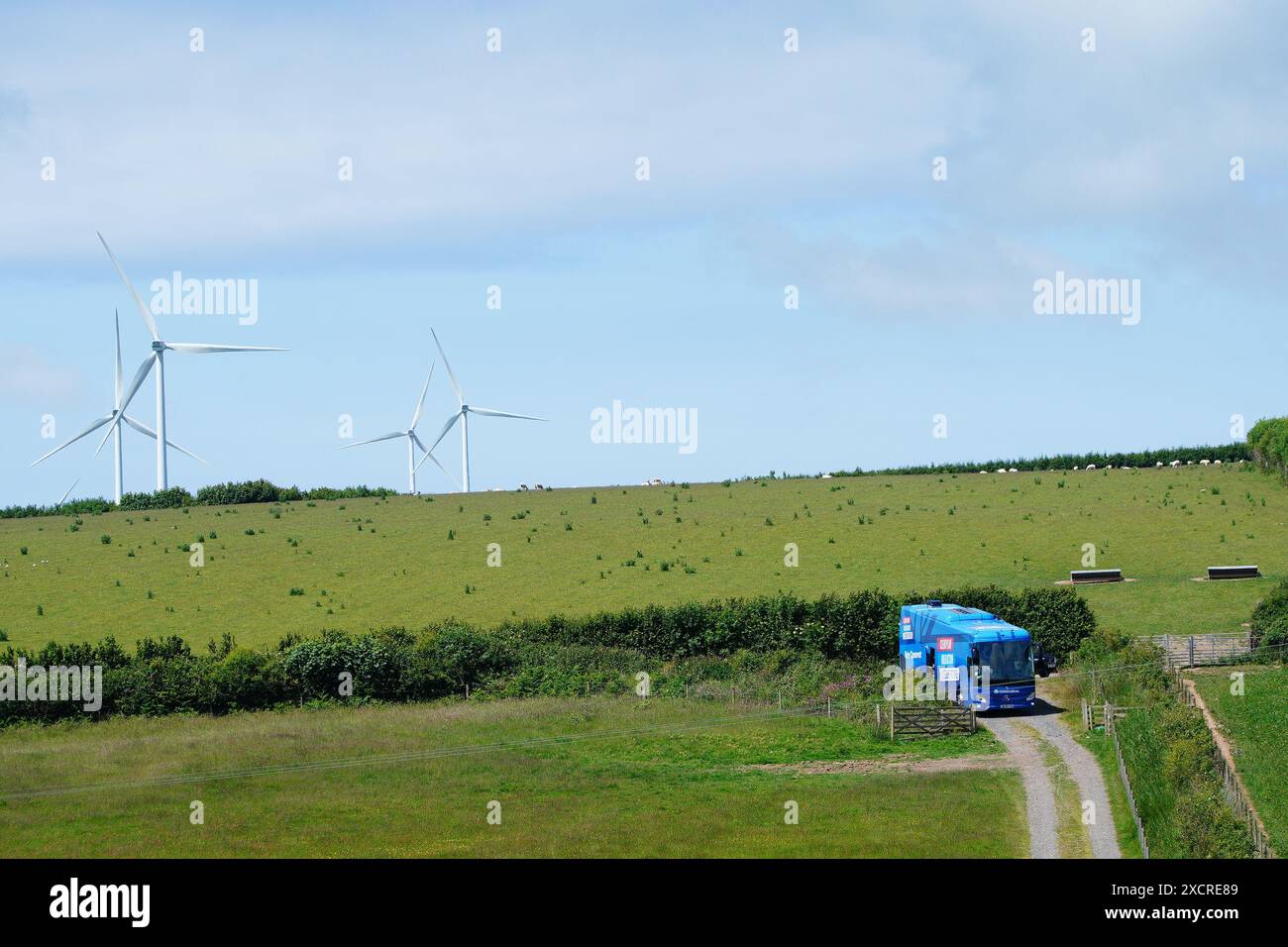 The Conservative Party battle bus arrives at a farm in Devon, while on ...