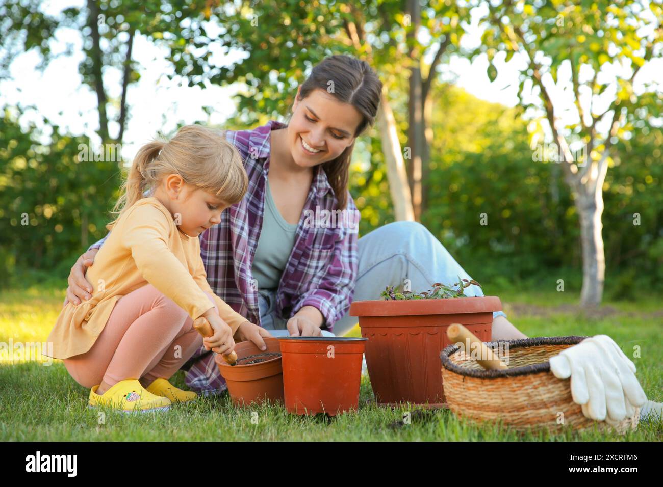 Mother and her daughter planting tree together in garden Stock Photo ...