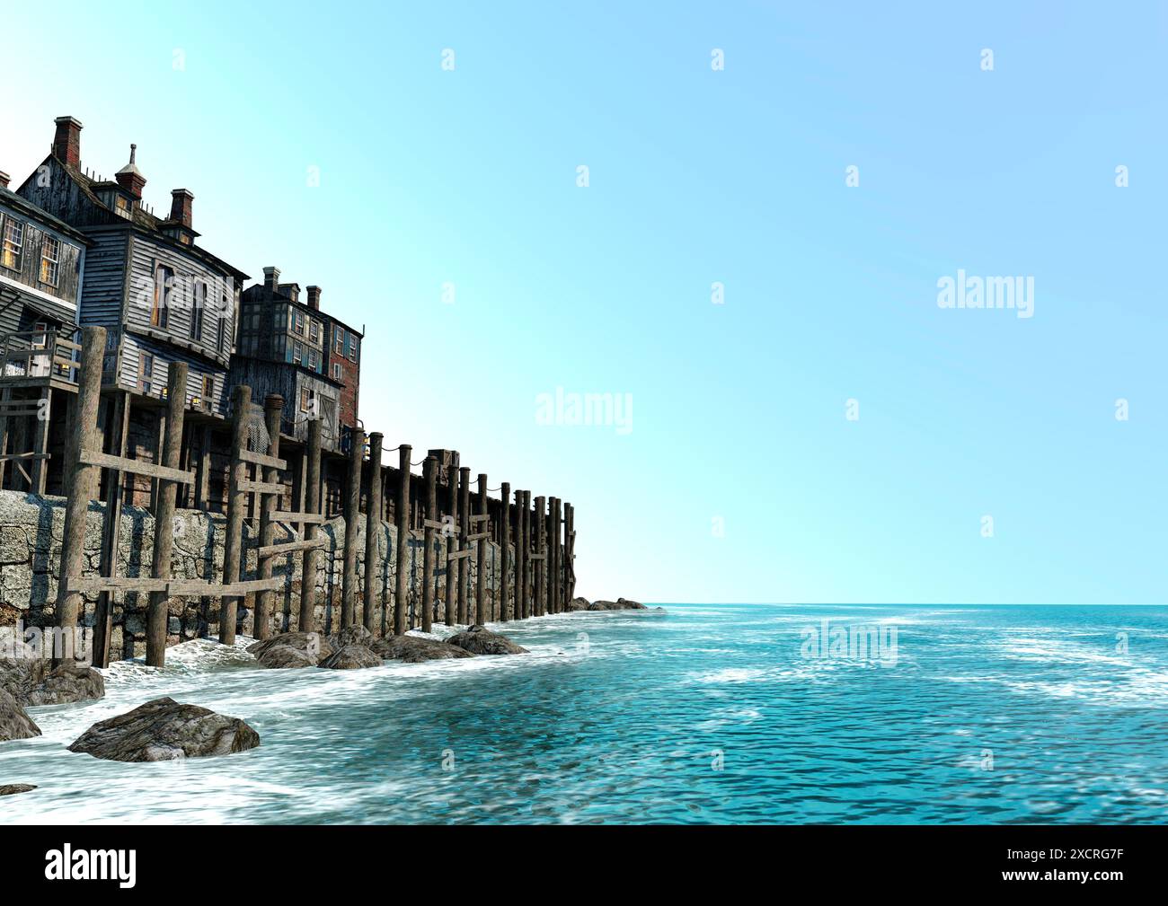 3D rendering of an old pirate village at the seaside Stock Photo - Alamy