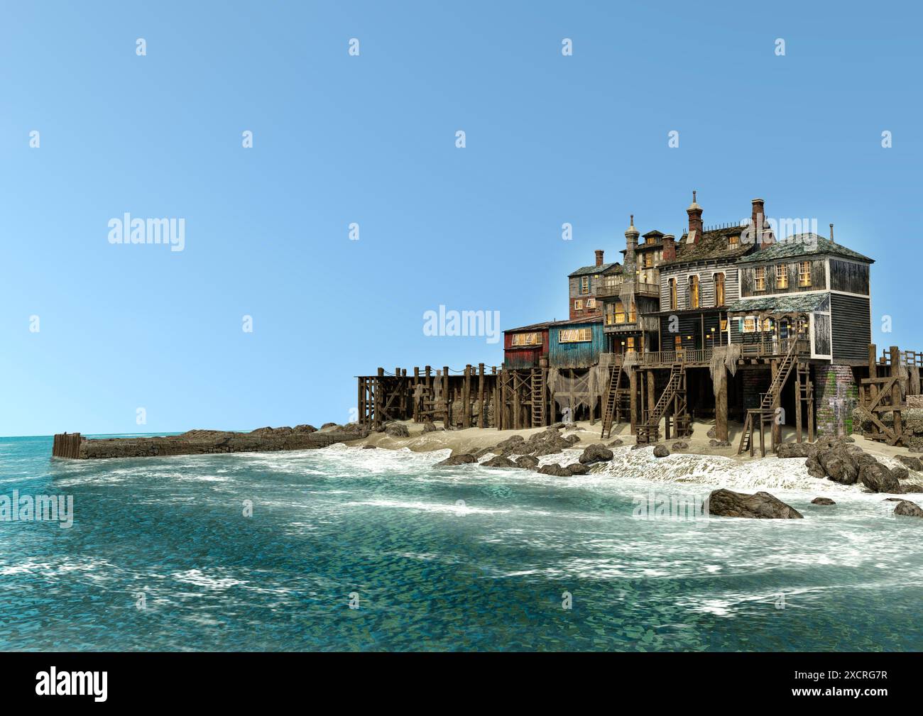 3D rendering of an old pirate village at the seaside Stock Photo - Alamy