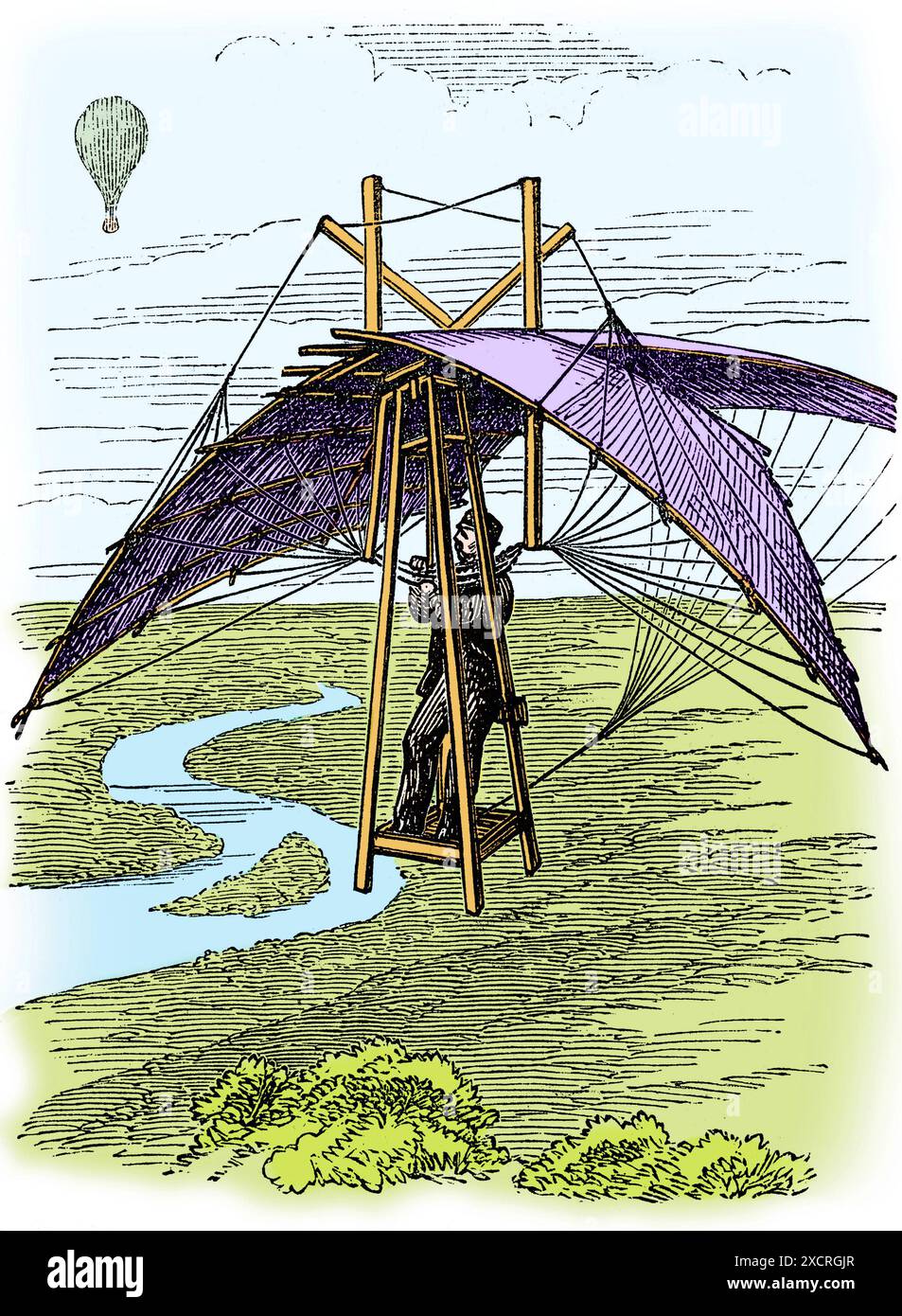 Wood engraving of a man flying in a frame with wings attached, c. 1874 ...