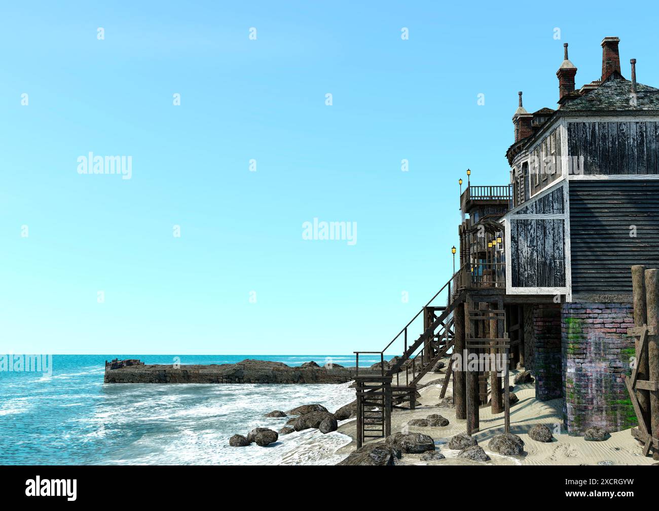 3D rendering of an old pirate village at the seaside Stock Photo - Alamy