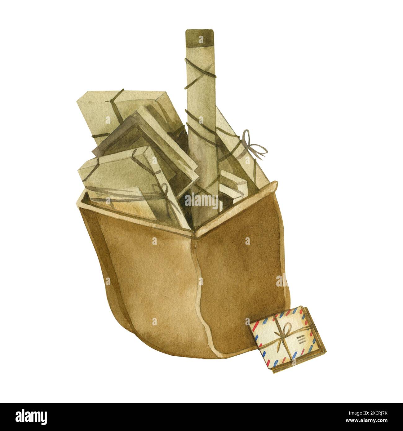 Mail bag with letters and parcels. Watercolor illustration. All ...