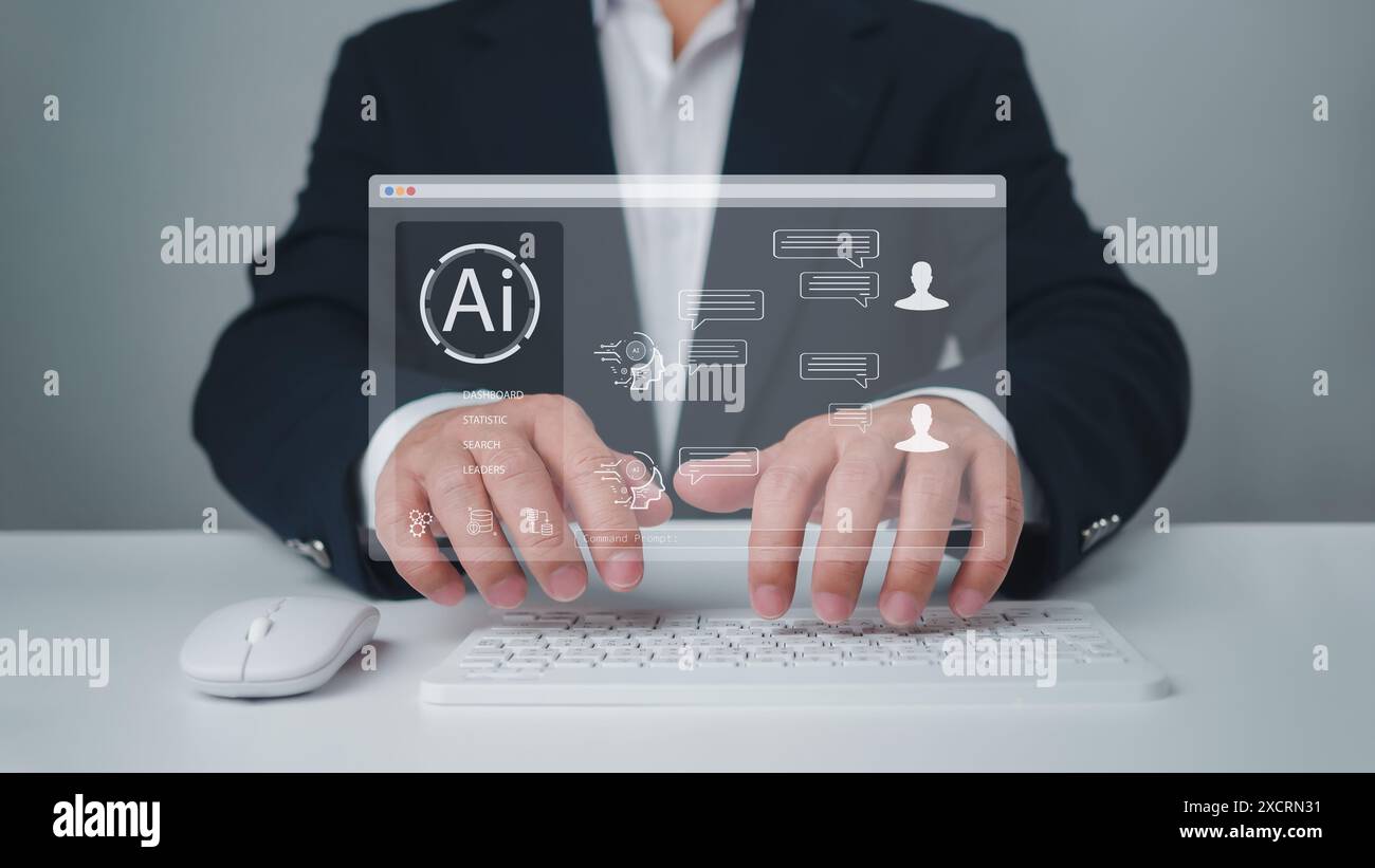 Businessman chatting with a smart AI using an artificial intelligence ...