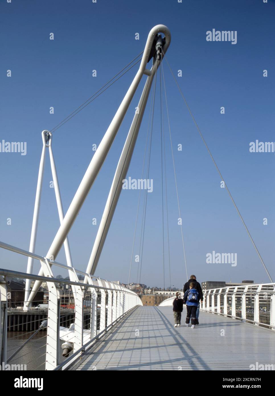 Iconic pedestrian cable stayed footbridge over the river Usk at Newport ...