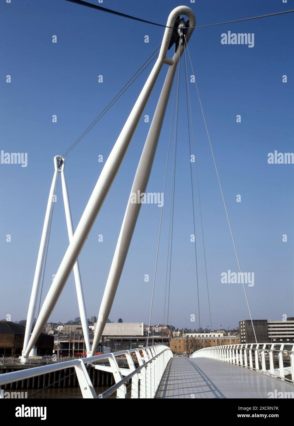 Iconic pedestrian cable stayed footbridge over the river Usk at Newport ...
