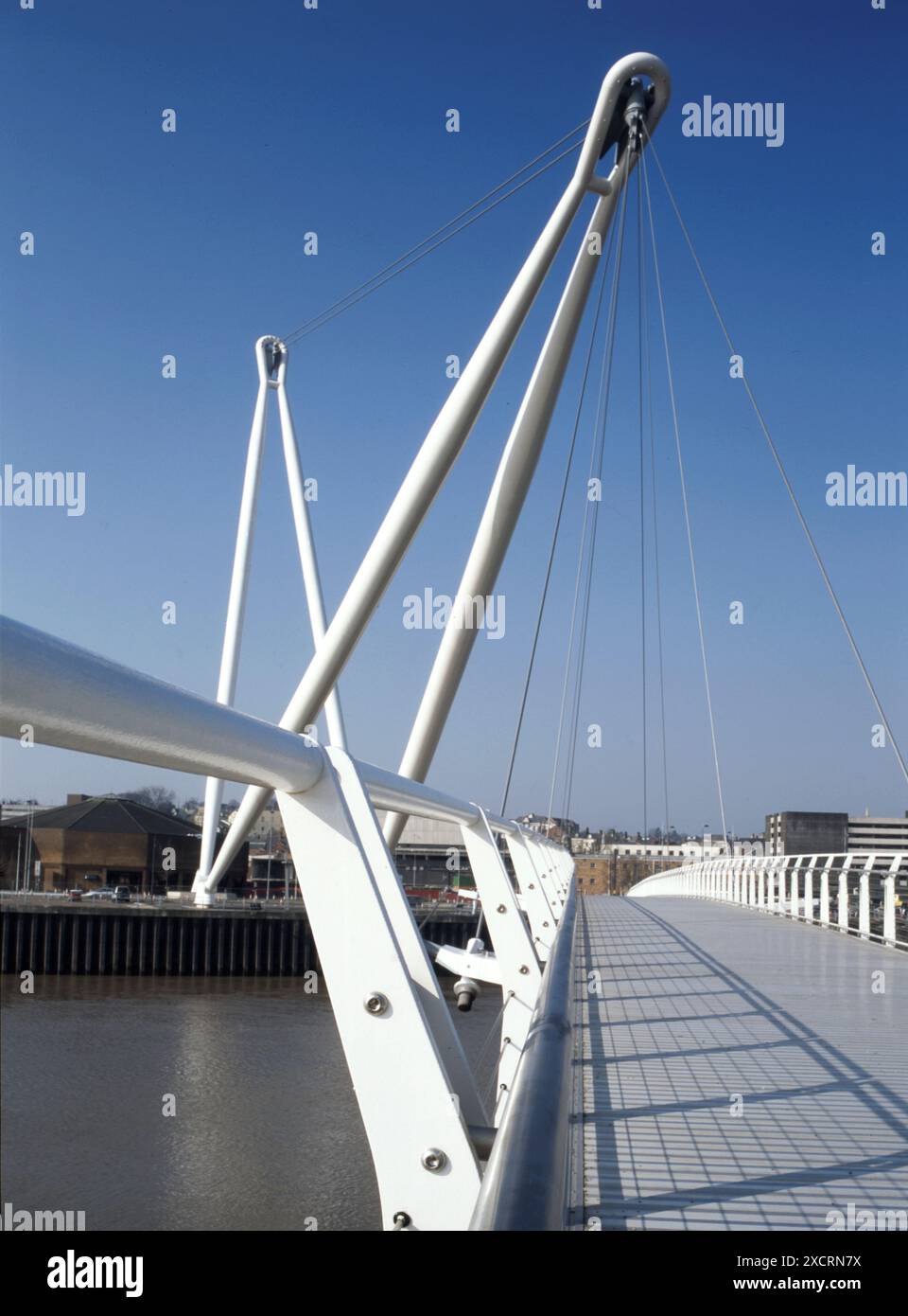 Iconic pedestrian cable stayed footbridge over the river Usk at Newport ...