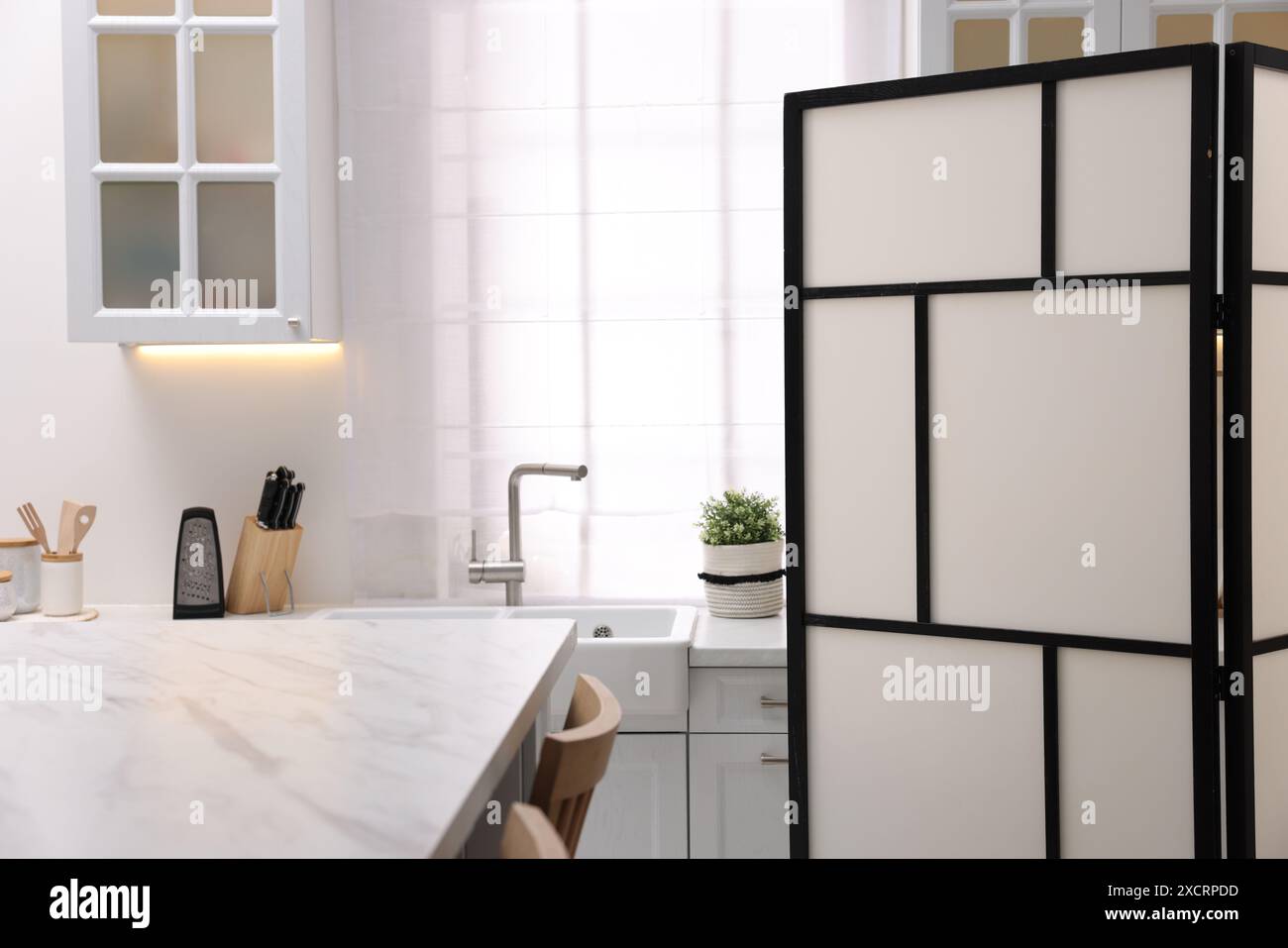 Stylish kitchen interior with folding screen and countertop Stock Photo ...
