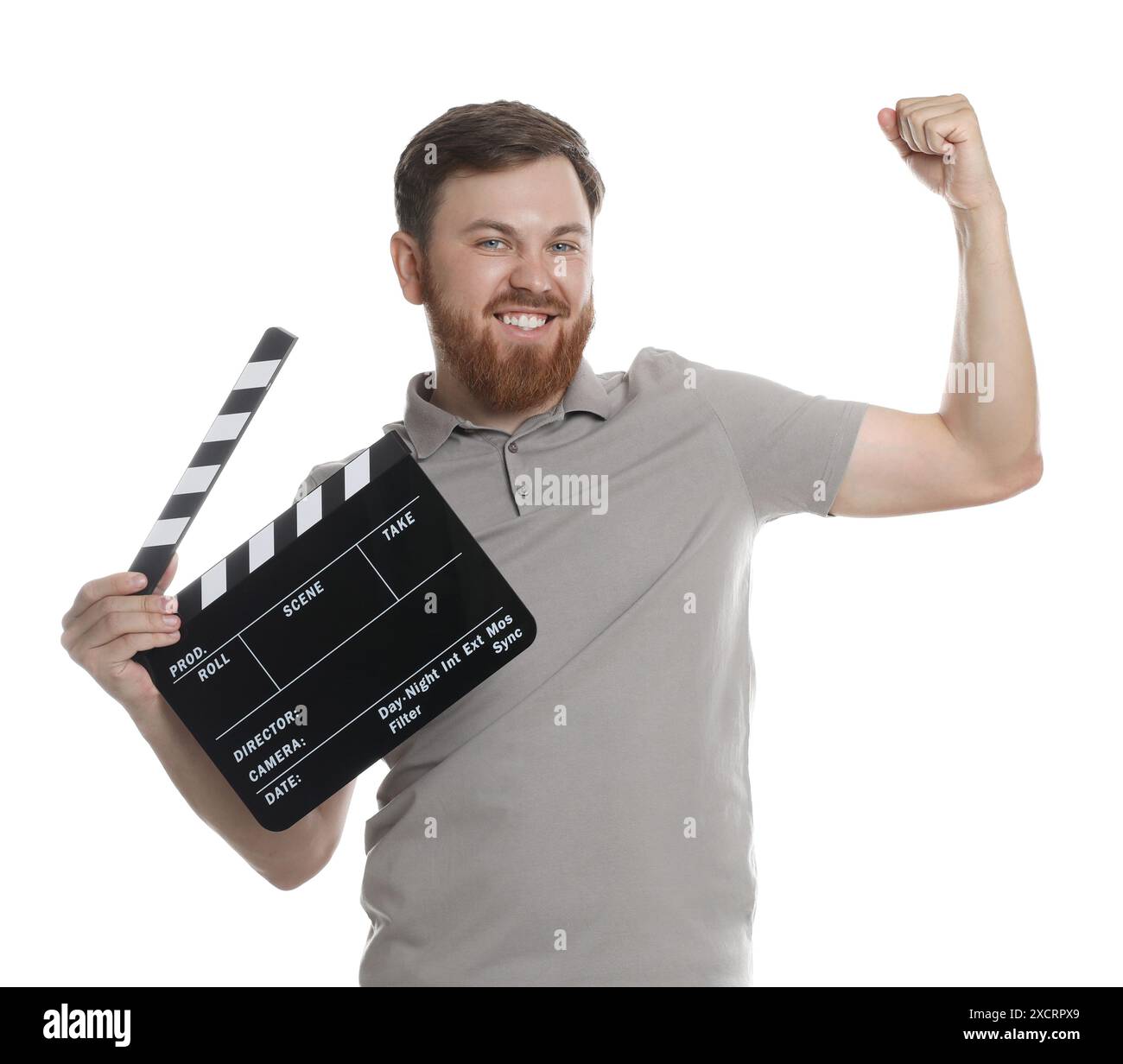 Making movie. Smiling man with clapperboard on white background Stock ...