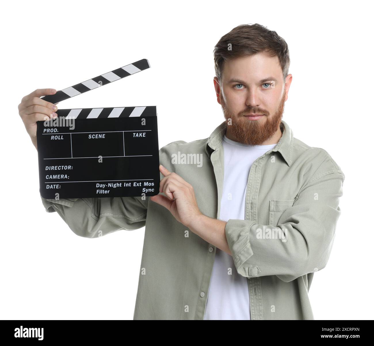 Making movie. Man with clapperboard on white background Stock Photo - Alamy