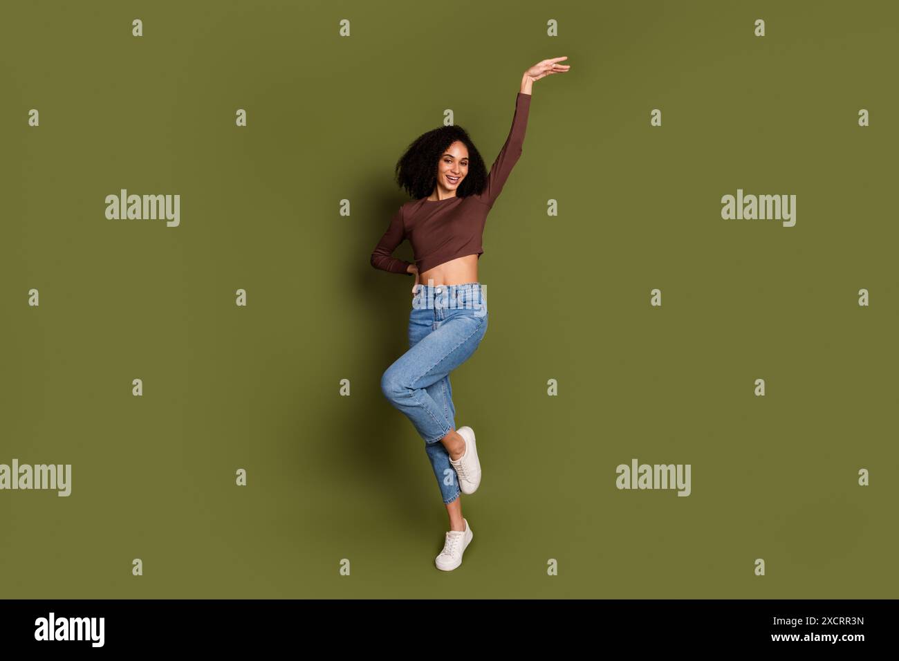 Full length photo of lovely young lady dancing have fun cheerful ...