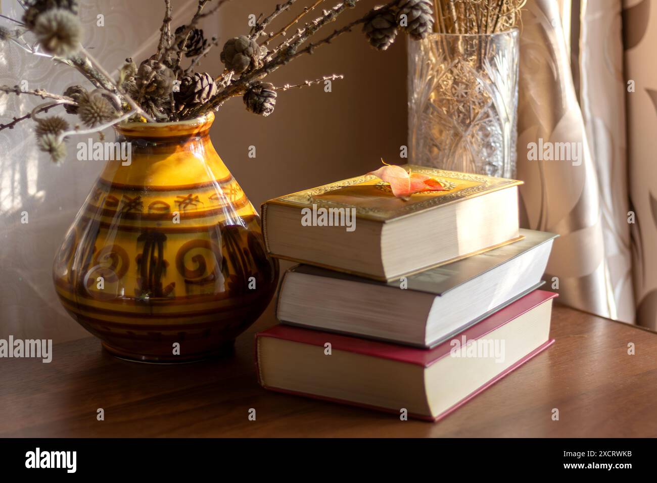 Still life with books and dried flowers in vase on table in room lit by ...