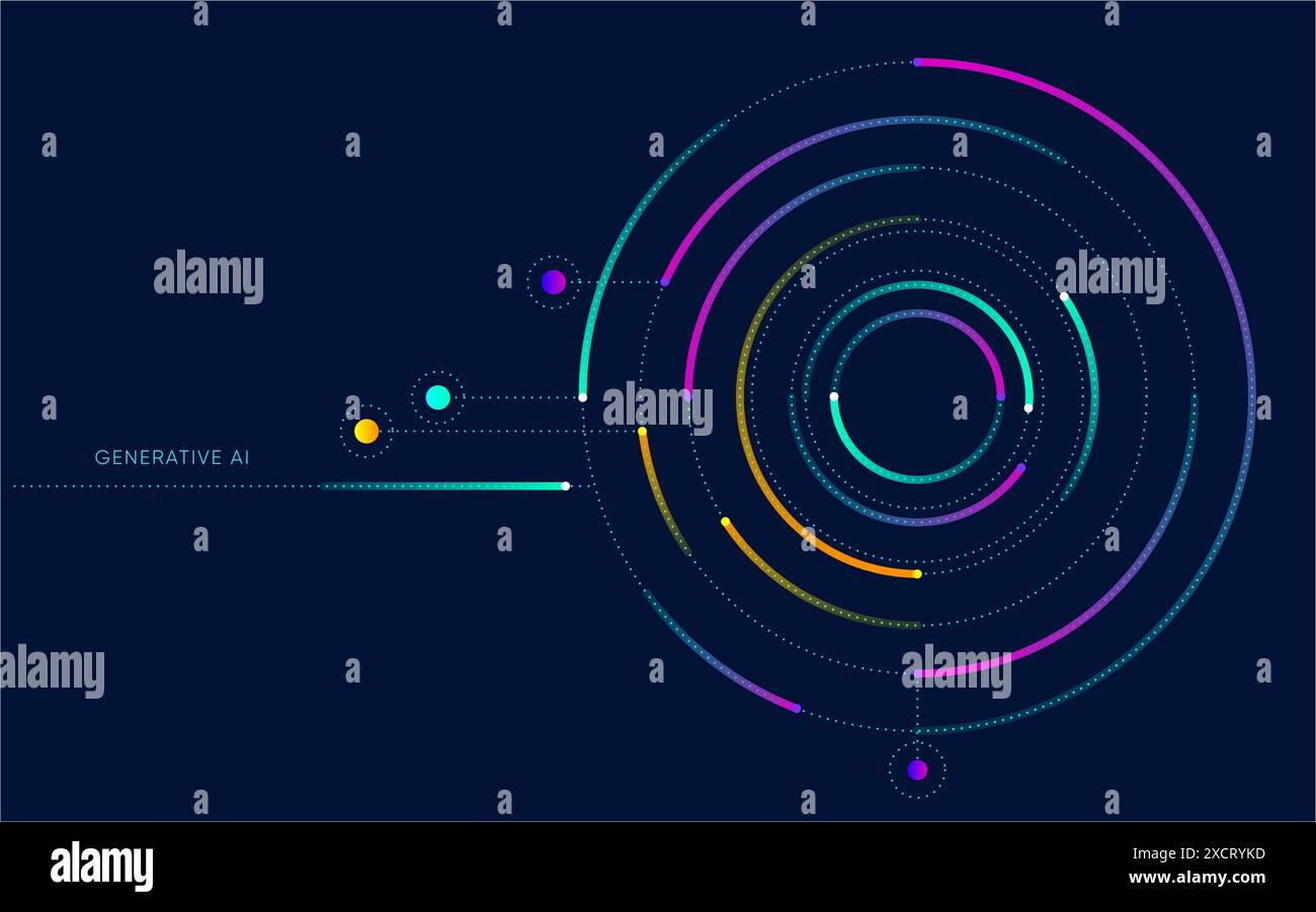 Illustration of abstract stream with cyan and blue line, dot, circle. Big data, technology, AI ...
