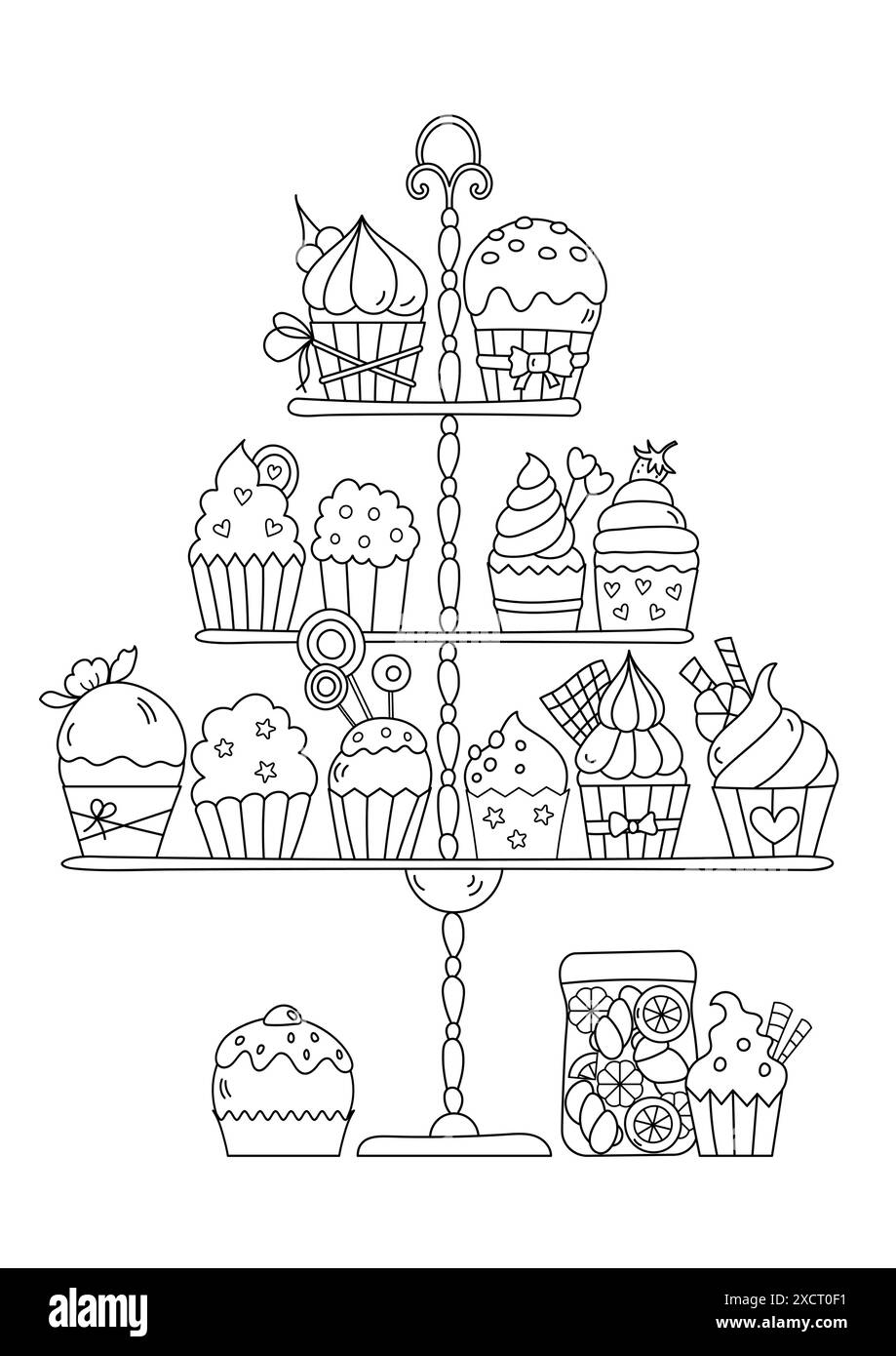 Coloring Page For Adults And Children Features A Stand With Cupcakes ...