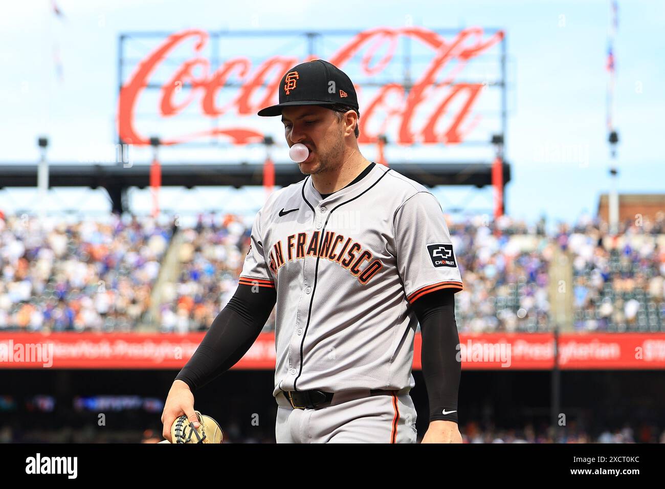 San Francisco Giants catcher Patrick Bailey #14 blows a bubble as he ...