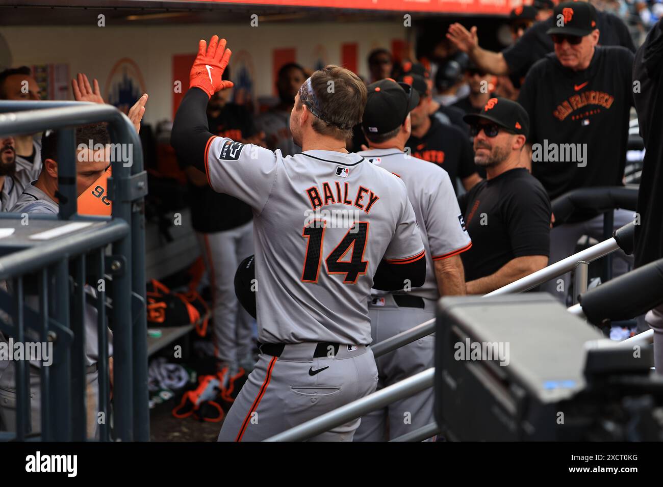 San Francisco Giants Patrick Bailey #14 is congratulated after scoring ...