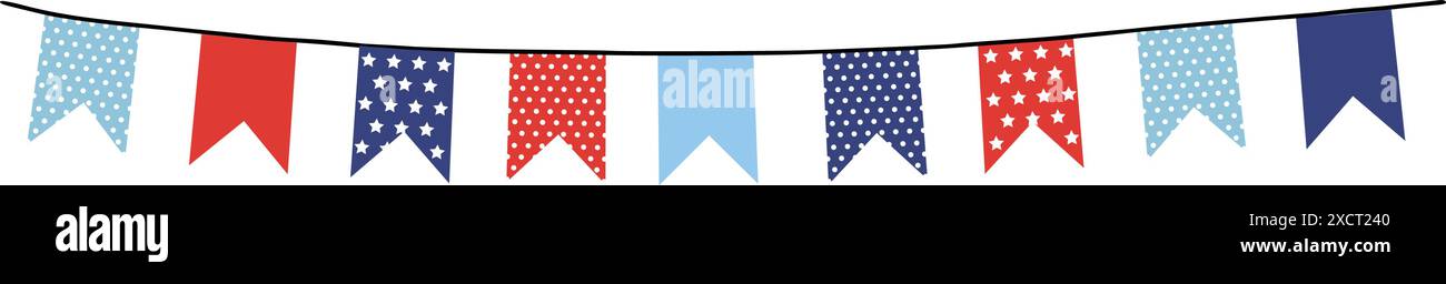 Bunting garland. Party flags with polka dots, stars in USA flag colors ...