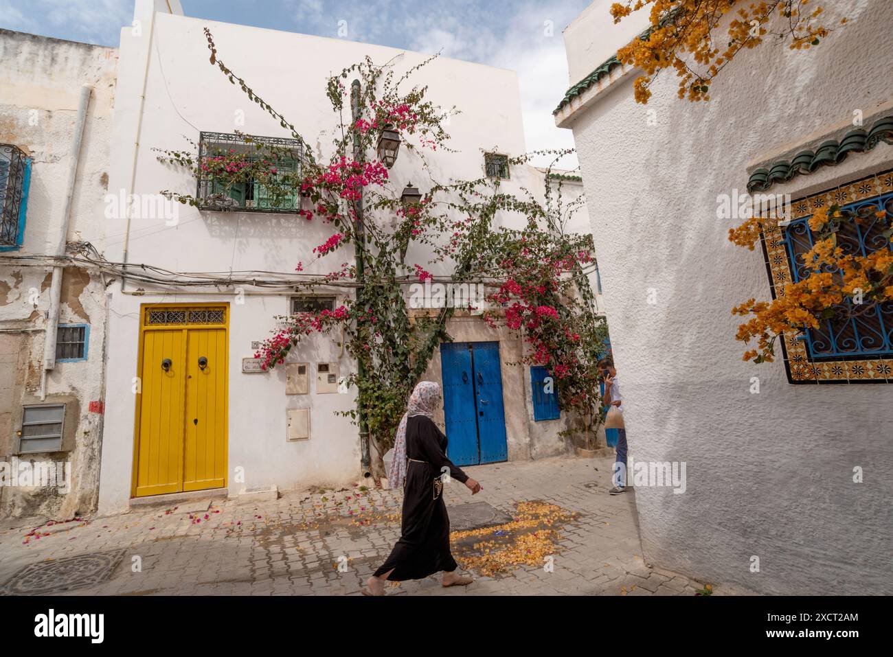Traditional blue and yellow doors of typical Tunisian architecture in ...
